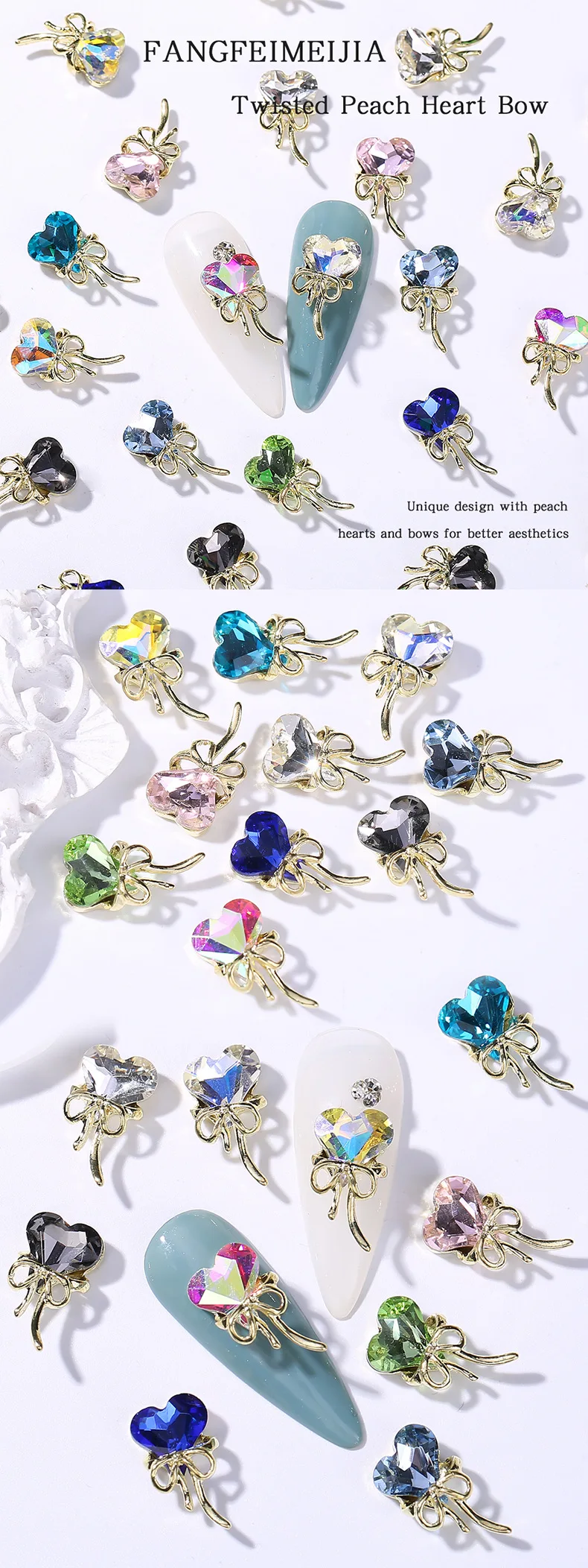 Hot Sale Slanting Heart Nail Charms Rhinestone Crystal Gems Gold Metal ...