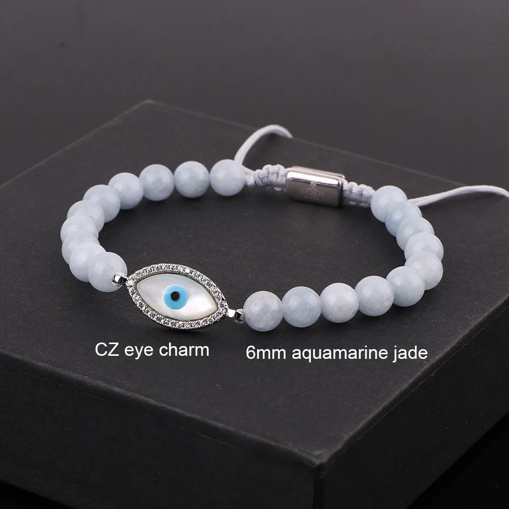New Design CZ Shell Evil Eye Charm Aquamarine Jade Beaded Bracelet ...