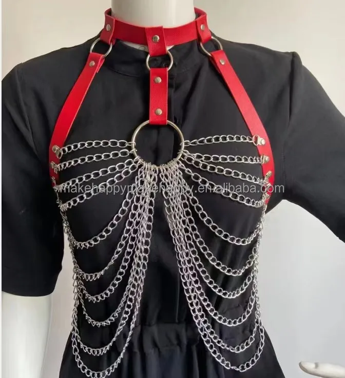 Gothic Punk Leather Body Chains Harness Jewelry Bra Top Chest Waist ...