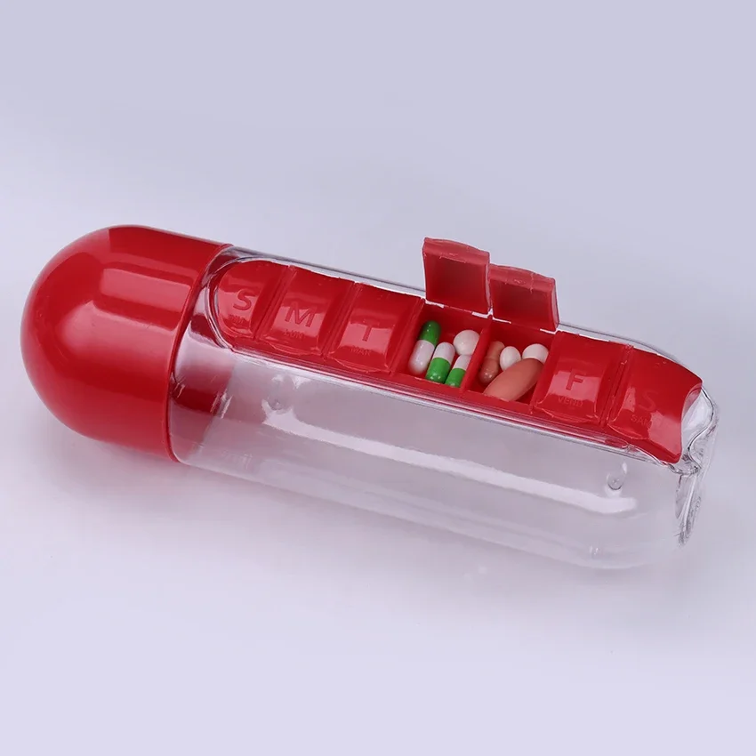 600ml Sports Plastic Water Bottle Combine Daily Pill Boxes Capsule ...