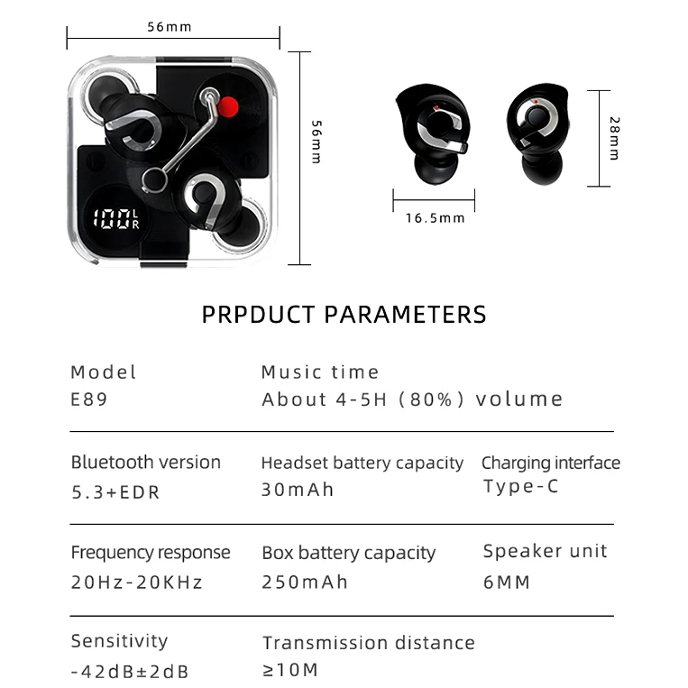 E89 Transparent Wireless TWS Headset - Digital Display