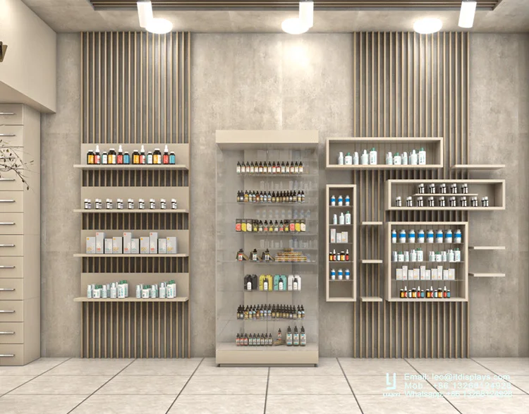 Pharmacy Drawer Counter Design Wall Mounted Medical Store Plywood ...