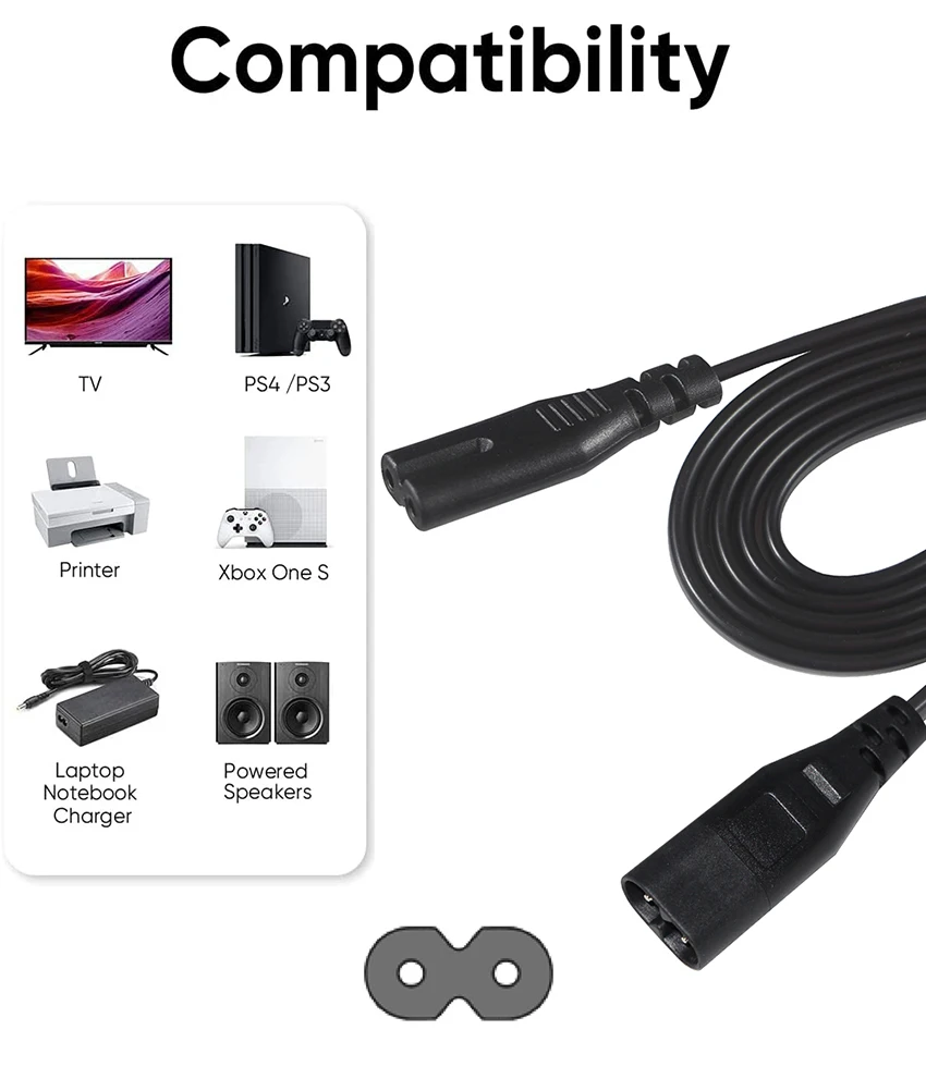 2 Wire C7 To C8 Figure Cable Ac 2 Wire Extension Power Cord Iec C7 To ...