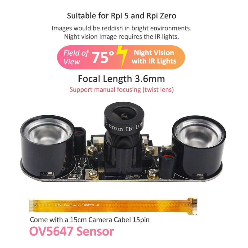 Raspberry Pi 5 Camera Module - 5MP OV5647 with Night Vision