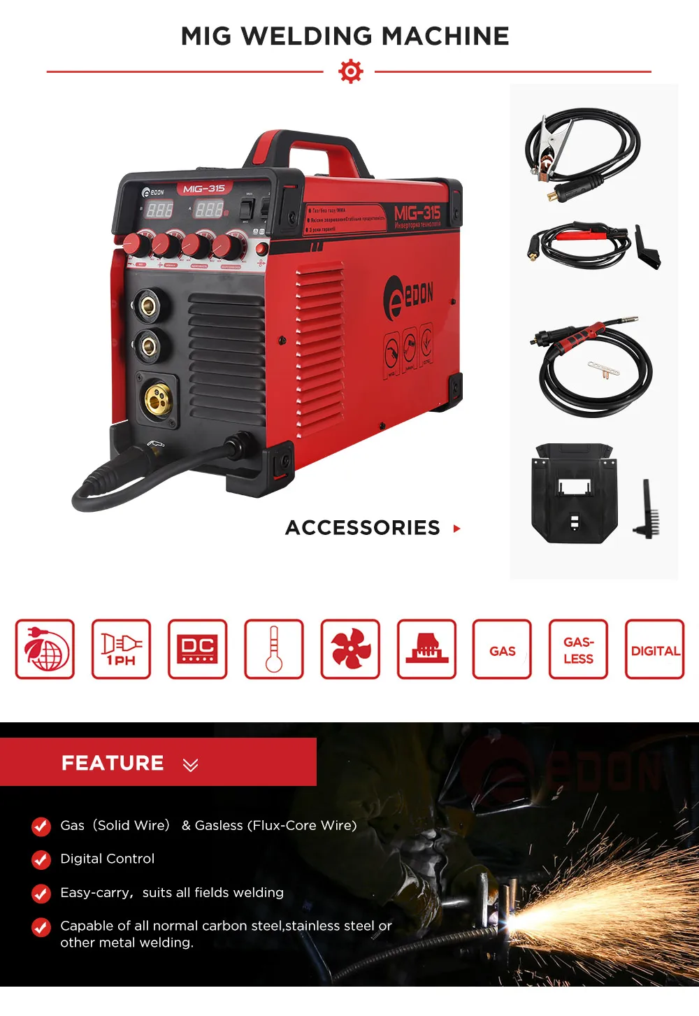 Edon Mig-315 No Gas Stainless Steel Mig Mma Welder Welding Machine ...