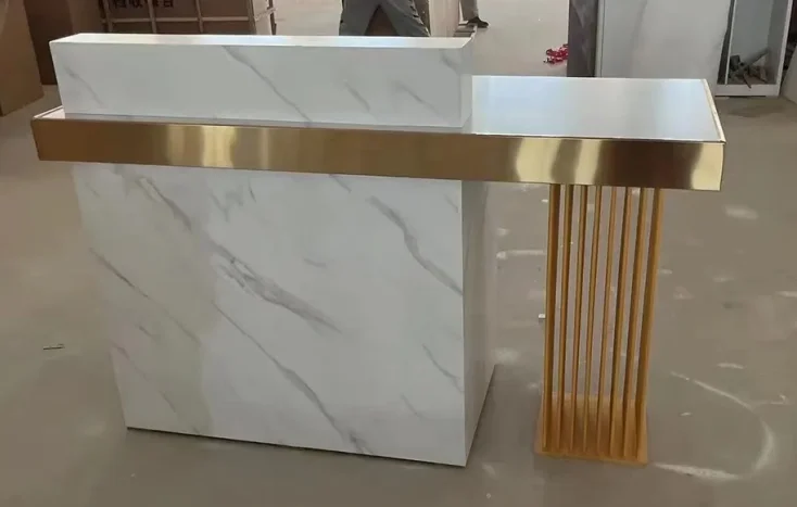 2 Person Standard Size Reception Desk for Office - White & Gold Marble