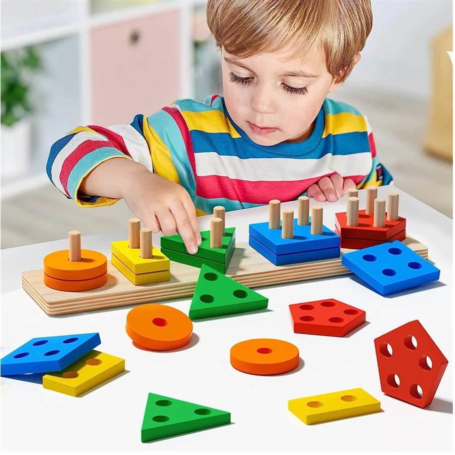 Wooden Shape Color Sorter Preschool Stacking Blocks Montessori ...