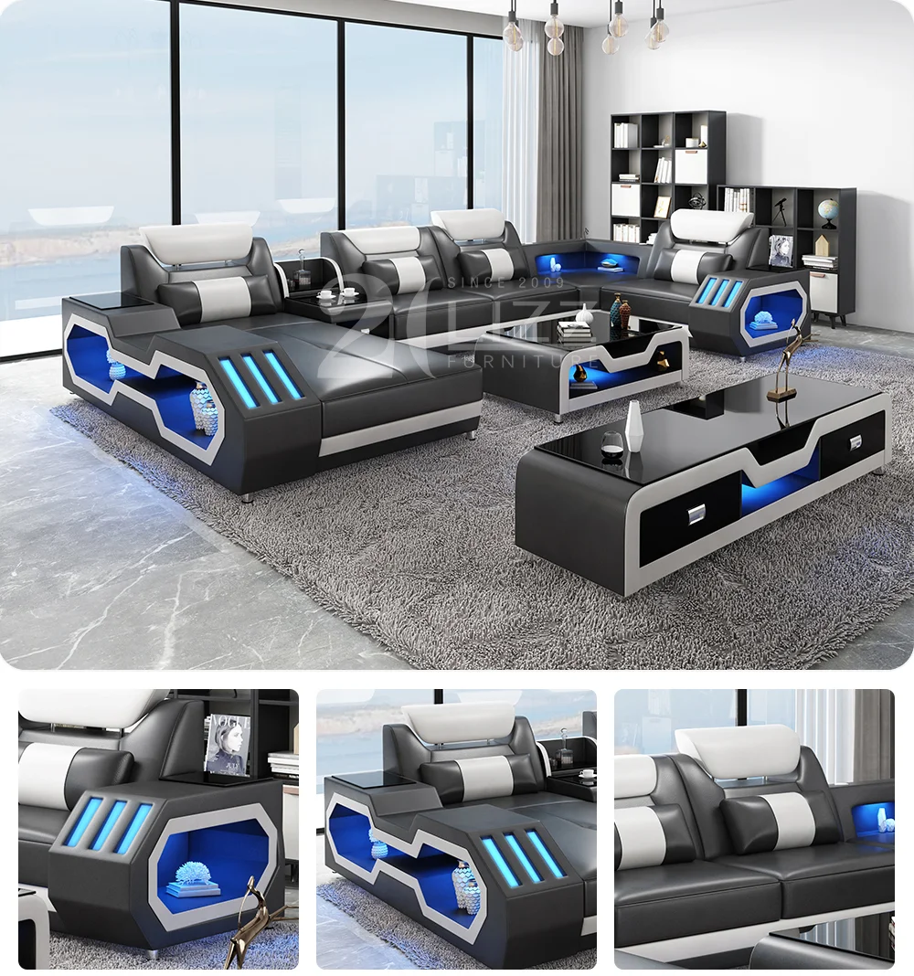 Modern Design Leather Couch Sectional Living Room Sofa Set with LED