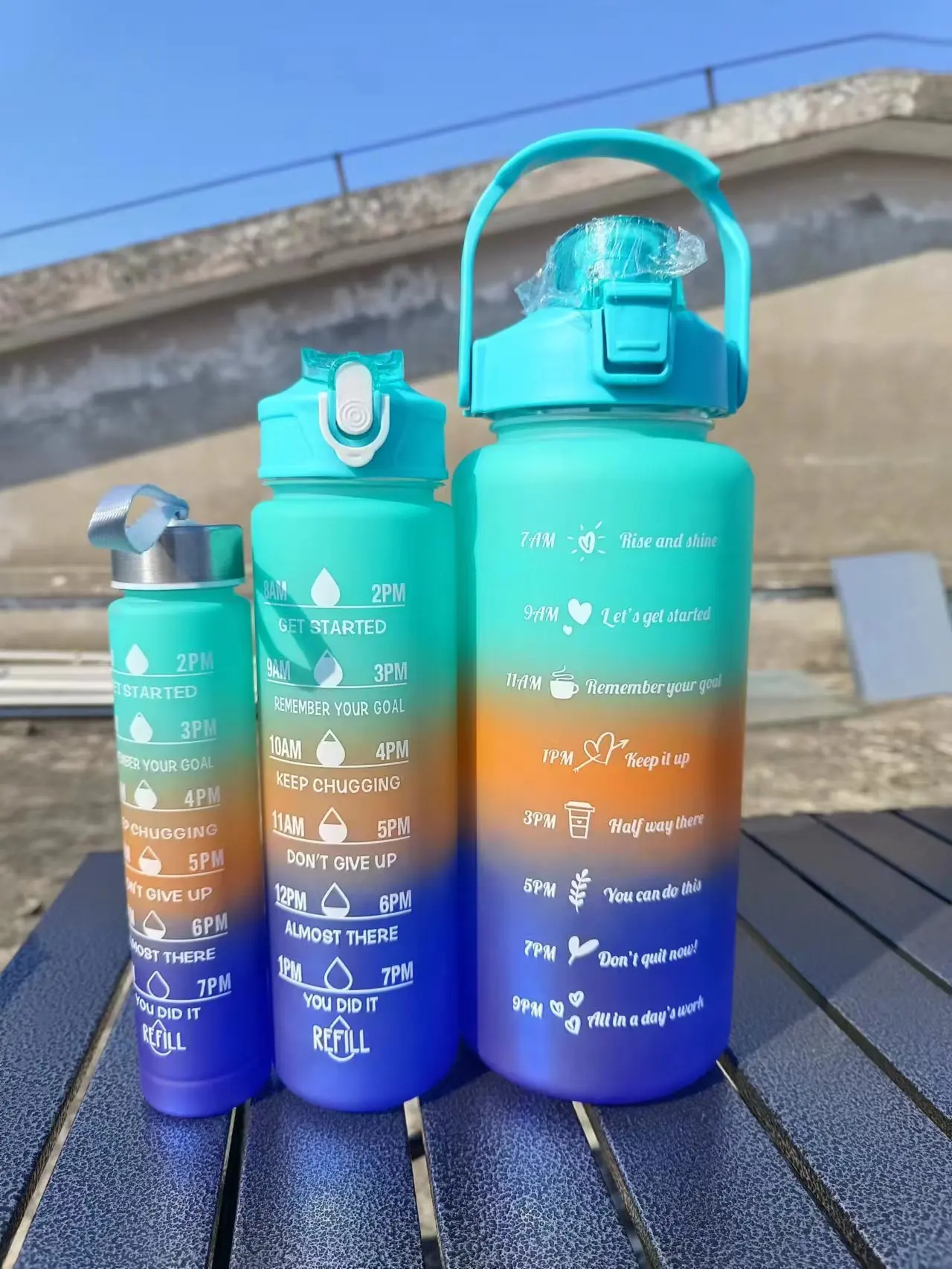 Portable Sports Gradient Color Drinking Water Bottle 3pcs Set Motivational Water Bottles Set 3 ...