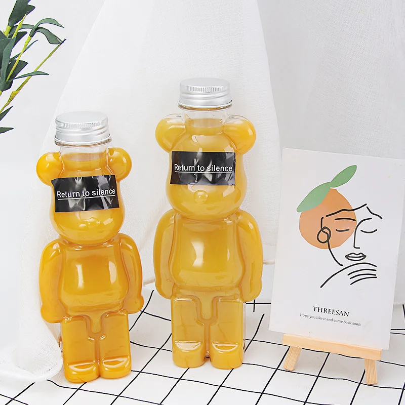 Disposable Transparent Logo Print 400ml 500ml 700ml Pet Plastic Long Bear Shaped Juice Milk Boba ...