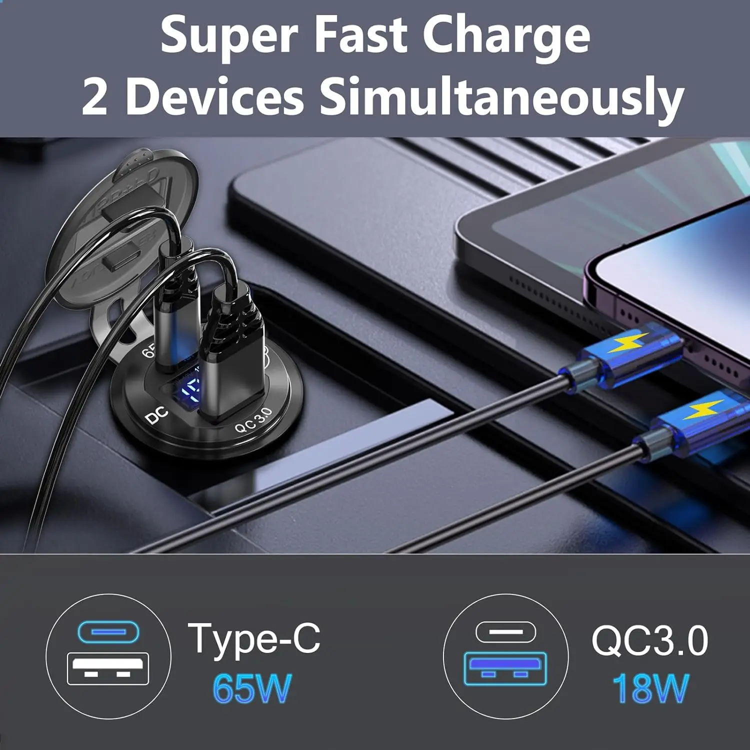 Car Socket 65W Type-C and QC3.0 Port Quick Charge Universal