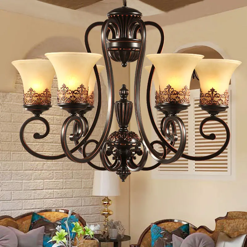 Antique Black Wrought Iron Chandelier - Rustic Bronze Glass