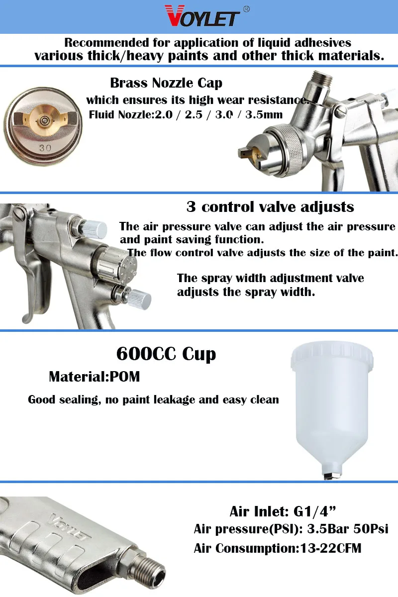 Voylet H90 Spray Gun Gravity Feed Heavy Duty With 3.0mm Nozzle For Gel ...