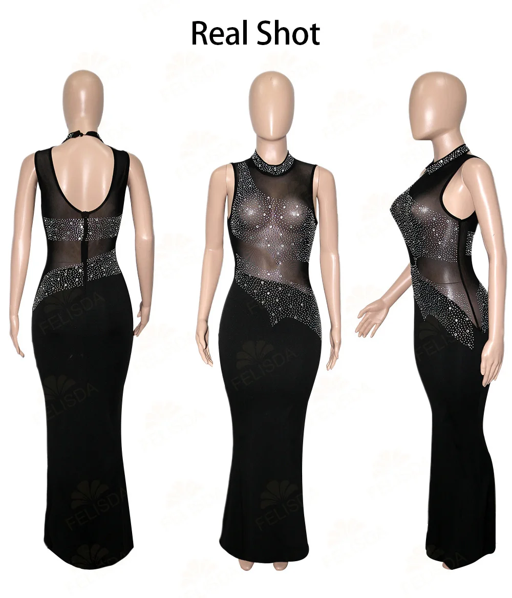 Sheer Mesh Patchwork Rhinestones Long Maxi Dress Women Sleeveless ...