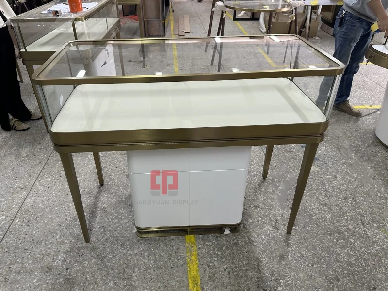 Elegant White Wooden Jewelry Display Showcase Tempered Glass Rounded ...