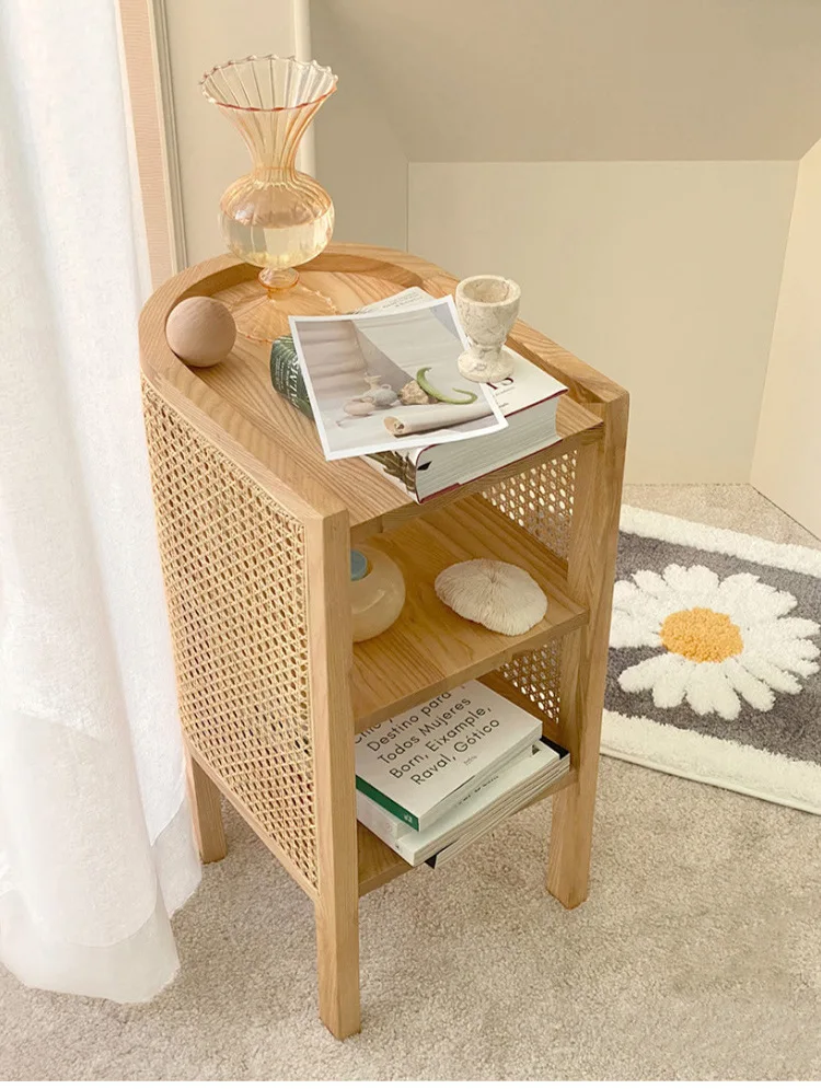 Japanese Style Solid Wood Rattan Bedside Table and Side Cabinet Locker