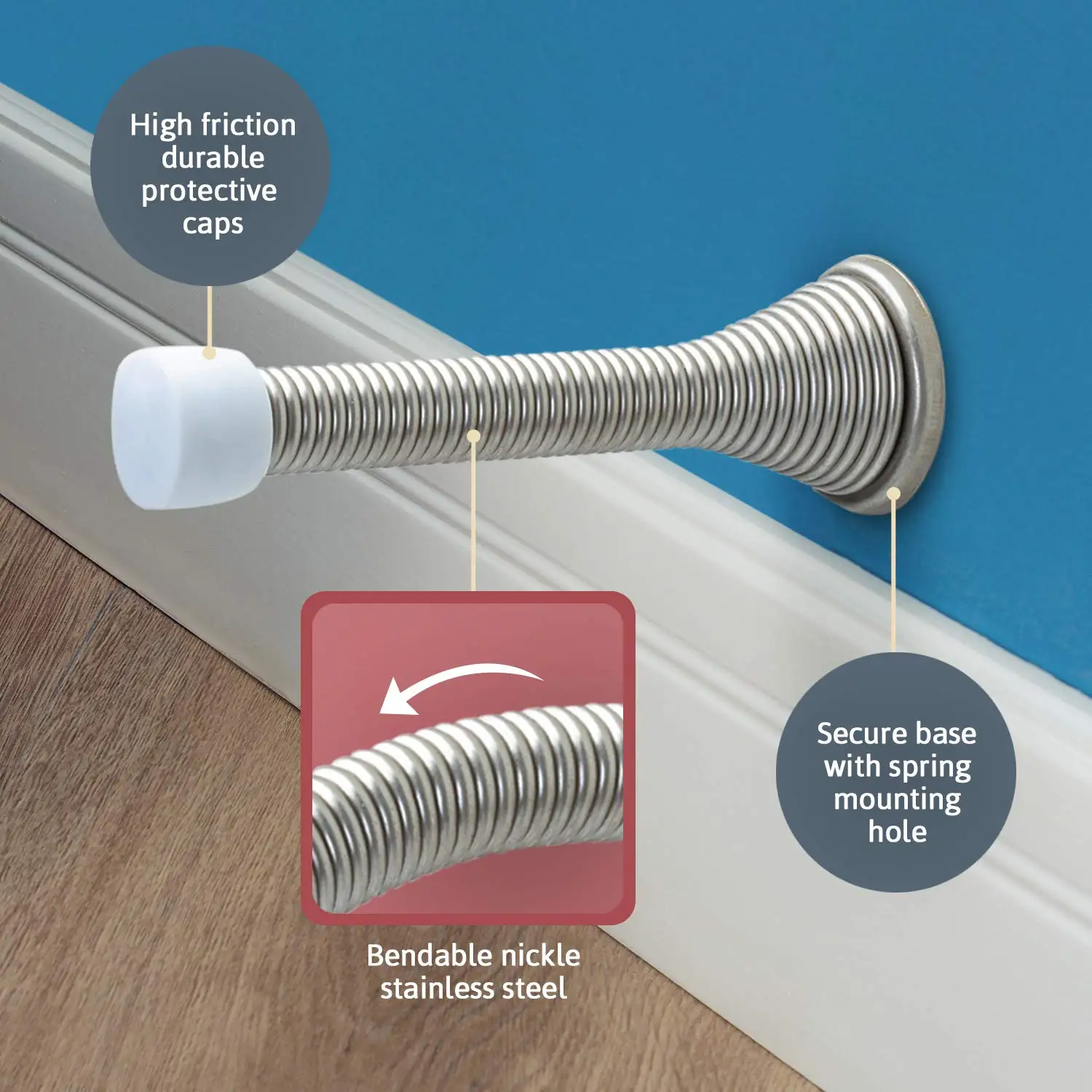 White Rubber Bumper Tips Spring Door Stops Brushed Satin Nickel- 3-1/4 ...