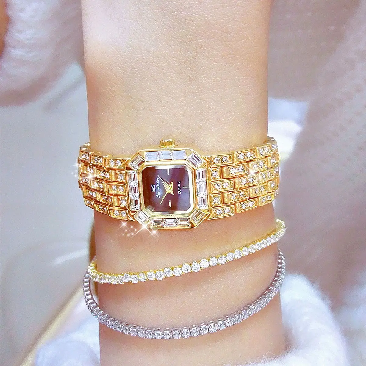 Women Watch Luxury Brand Bs Bee Sister Fa1728 Square Case Premium Gold ...