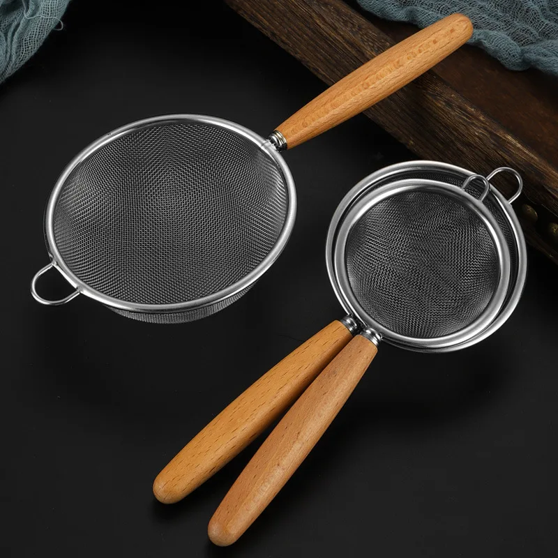 304 Stainless Steel Filter Sifter Flour Sieve Wood Handle Matcha Coffee ...