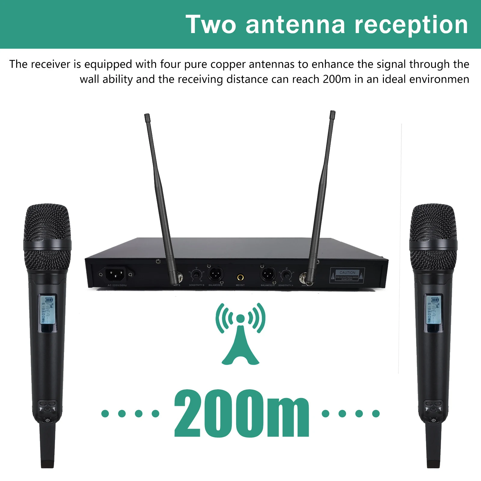 UHF Wireless Microphone System with 2 Handheld Dynamic MicrophonesSelectable Frequency and FM ...