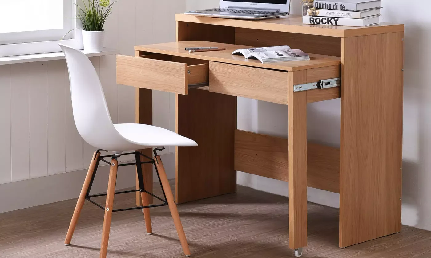 White Extending Desk Console Table Black 2 Drawer Home Office Computer ...