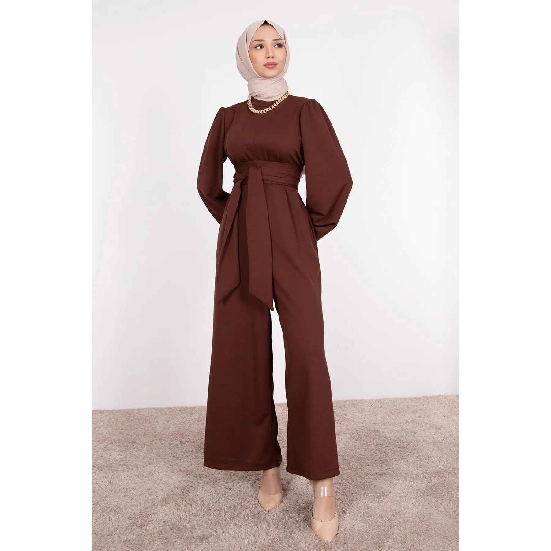 Wide Sash Wrapped Hijab Jumpsuit Brown| Alibaba.com