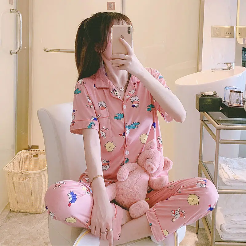 New Korean Sleepwear Pijamas Soft Loose Pyjamas Short Sleeve Long Pants ...