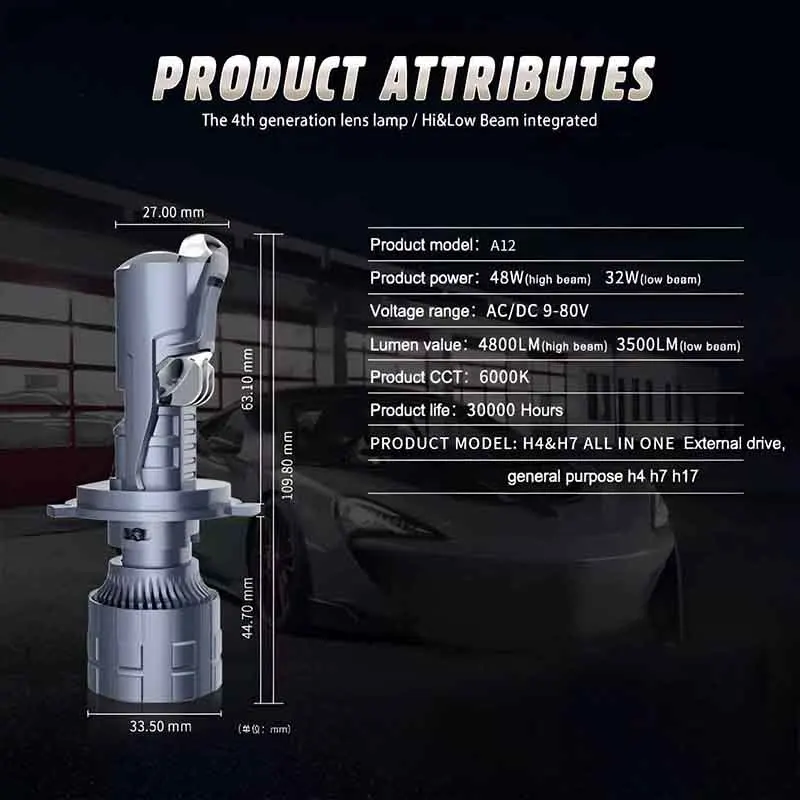 New Product A12 Car Led Dual Lens/high Beam Headlight H4 H7 Ac&dc 9-80v ...