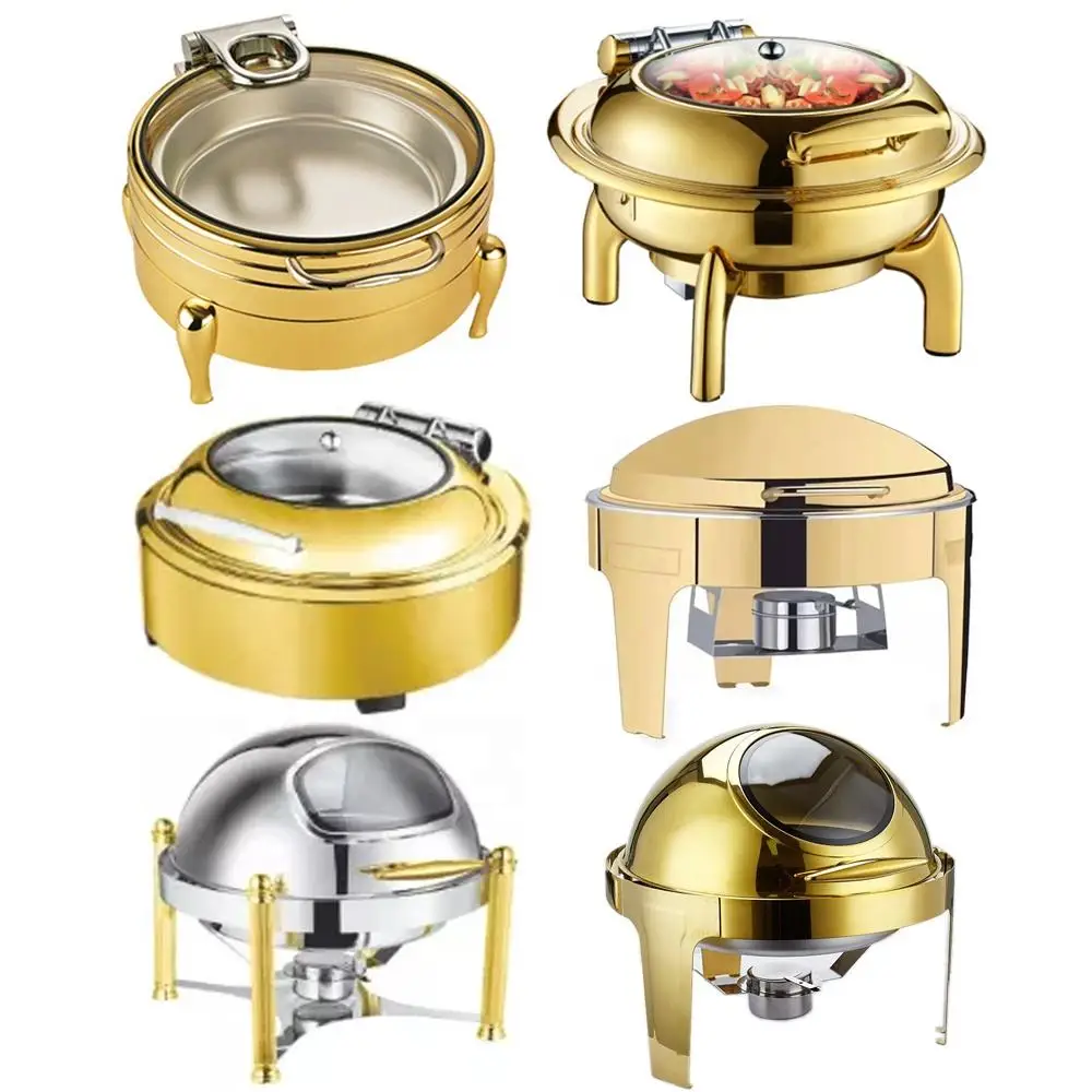 Luxury Buffet Equipment Stainless Steel Gold Glass Chafing Dish Roll Top Hydraulic Chaffing ...