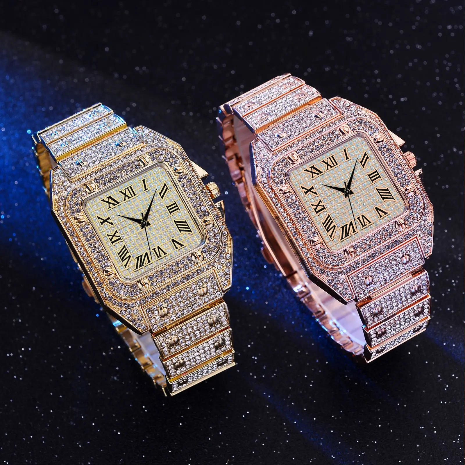 Hip Hop Iced Out Square Sparkling Quartz Watches for Men & Women