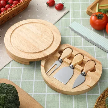 Mini Round Rubber Wood Circle Cheese Board Set With 3 Knives Snack ...