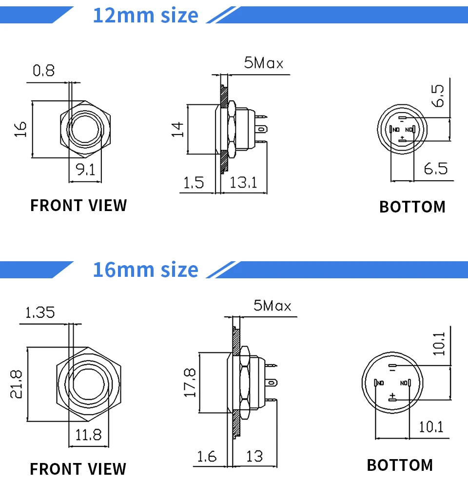Mini Waterproof Metal Push Button Switch - 1NO Power LED