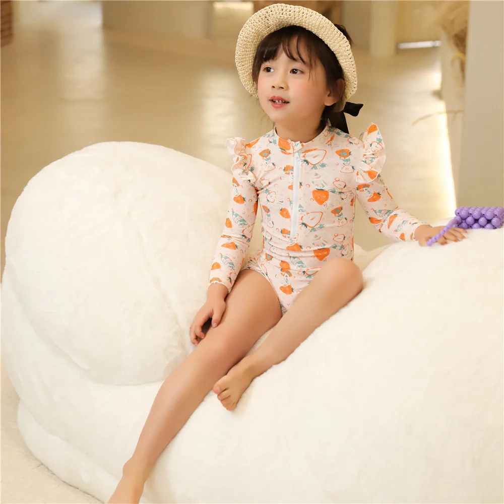 Baby Girl Swimwear One-Piece Swimsuit Long Sleeve Zipper flounce Crop ...