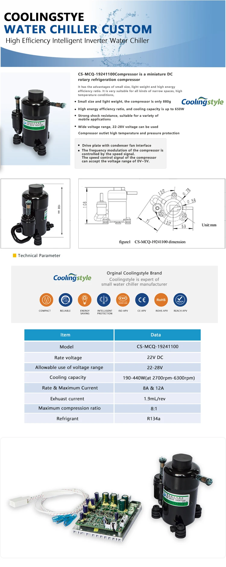 R134A Micro Mini Rotary 24V DC Compressor - 500W Cooling