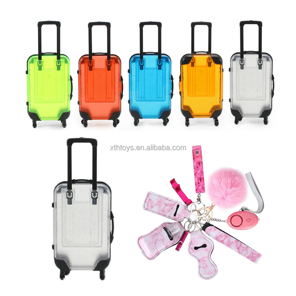 2023 Popular Glister Plastic Box With Pom Pom Keychain Mini Suitcase Box Wiht Defense Keychain ...