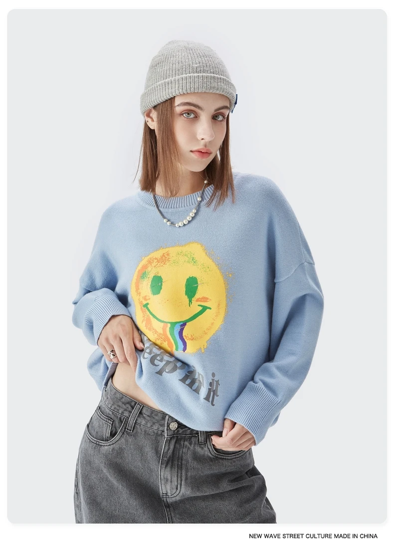 Inflation Hand-painted Doodle Smiley Face Knitted Sweater Korean ...