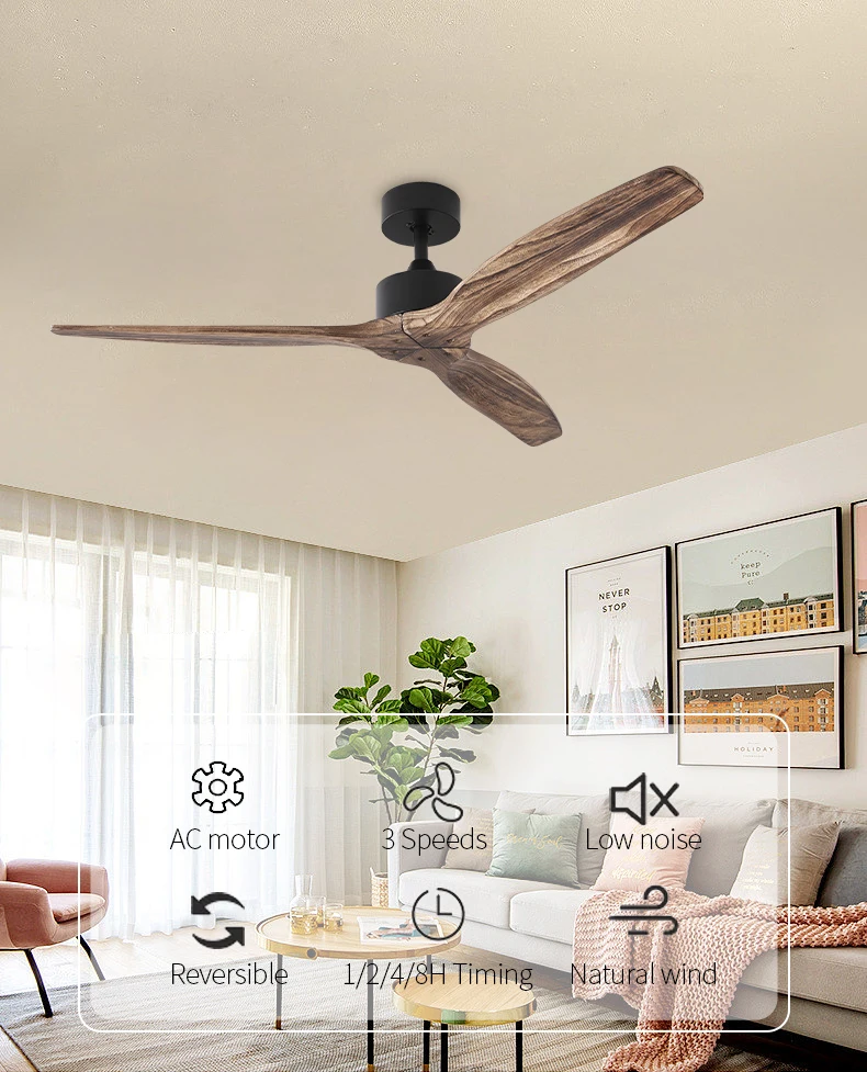 52'' Natural Solid Wood Three Blades Ceiling Fan Matte Black 110v 220v ...