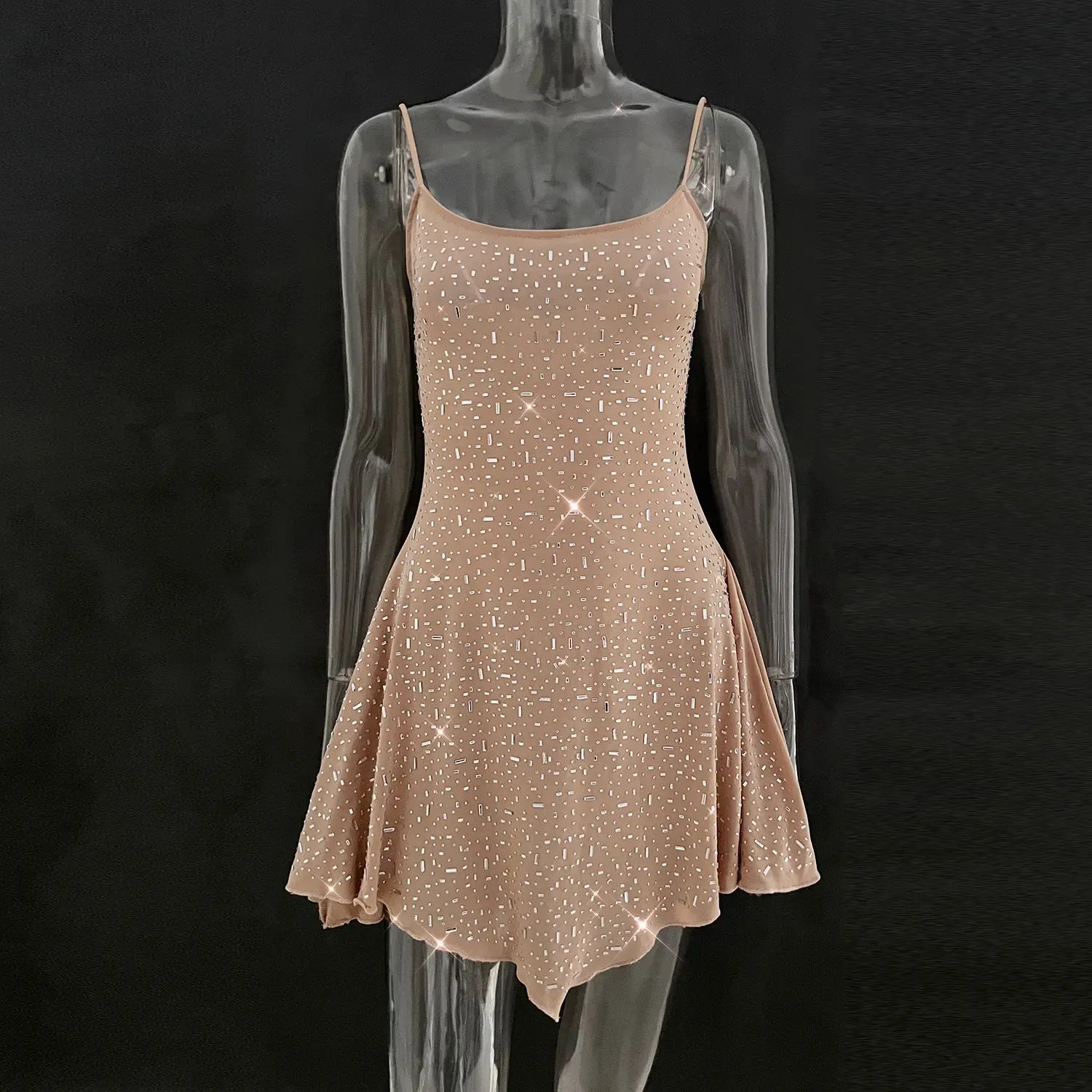 Fashion Sexy Sheer Embellished Scoop Neck Sling Mini Dress Casual Women ...