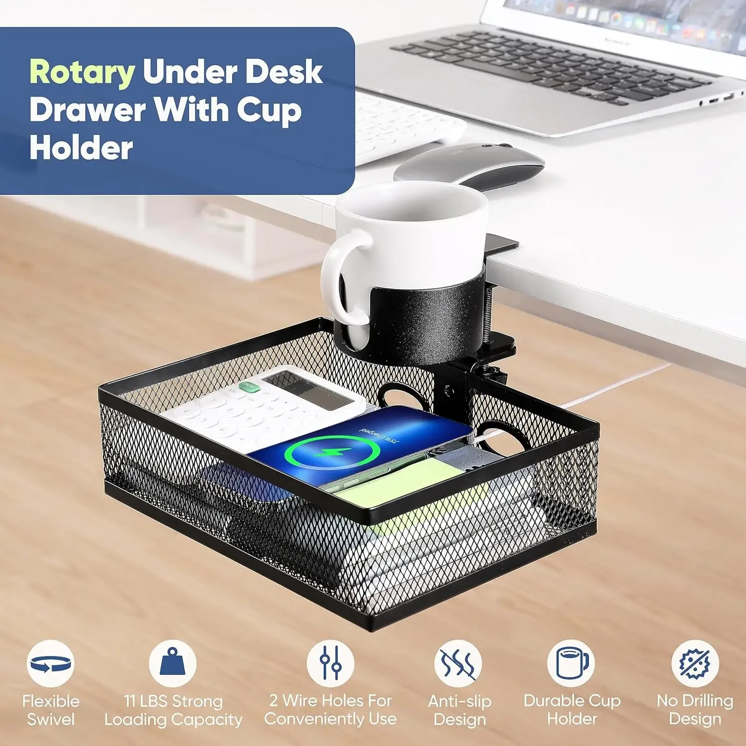 360 Rotary Desk Storage Organizer with Cup Holder C-Clamp Mount