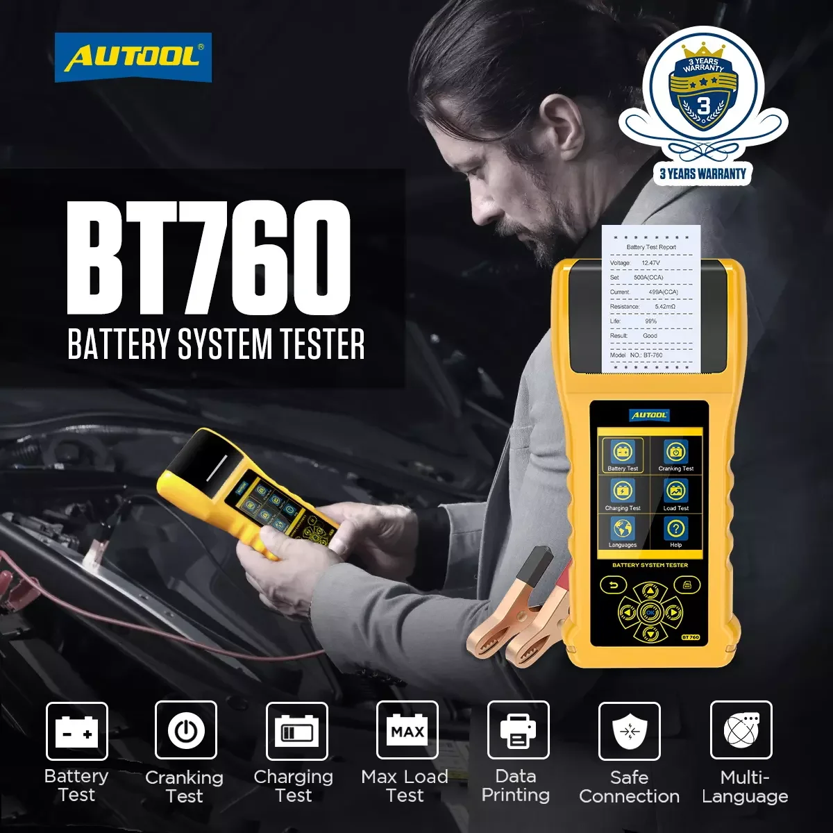 AUTOOL BT760 Automotive Battery Tester with Printer & Color Screen