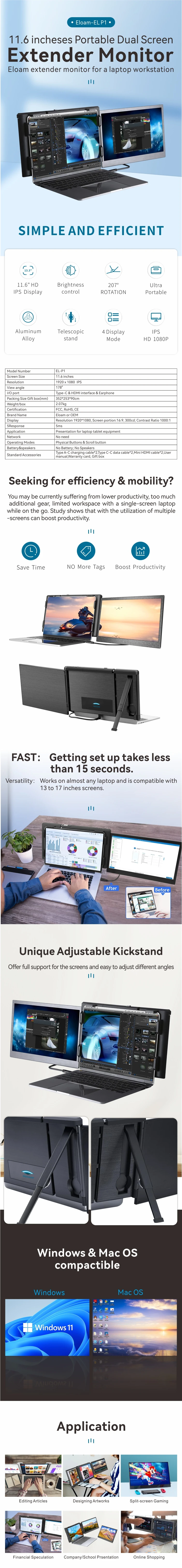 Eloam 1080p Ips Display Laptop Screen Extender Dual Monitor Gaming ...