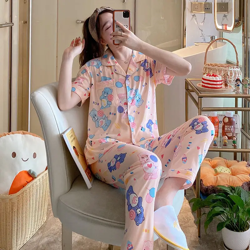 New Korean Sleepwear Pijamas Soft Loose Pyjamas Short Sleeve Long Pants ...