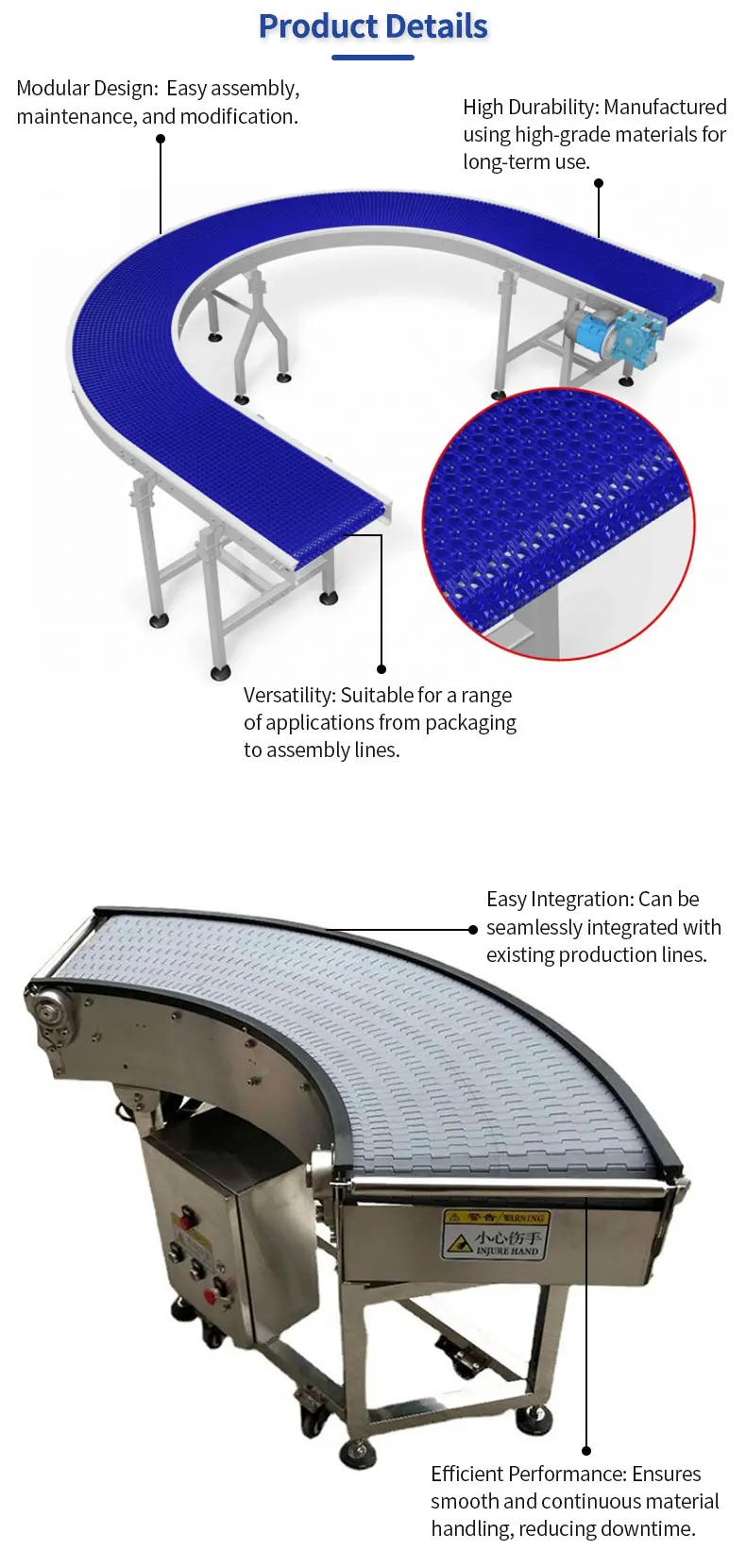 90 Degree Curved Plastic Modular Belt Conveyor System