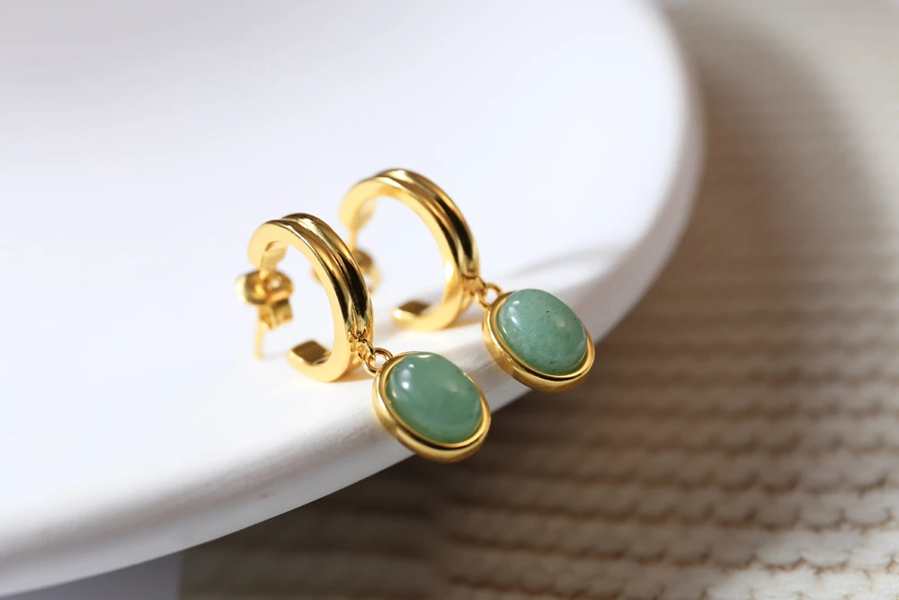 925 Sterling Silver 18K Gold Plated Fashion Jewelry Cc Aventurine Stud ...