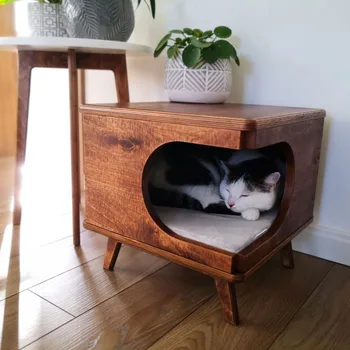 Pet Furniture Side Table Wood Cat House Cozy Wooden Cat Bed House ...