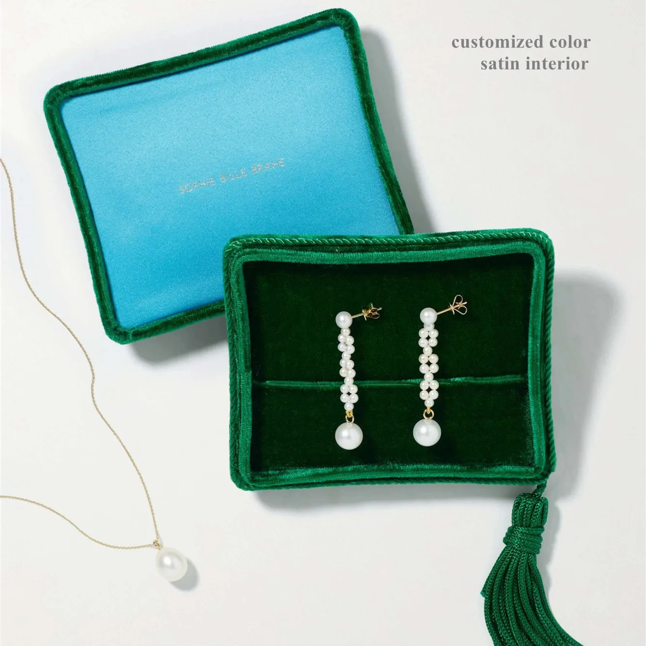 Custom Color Gloss Velvet Jewelry Box Petite Tasseled Blue Pink Yellow ...