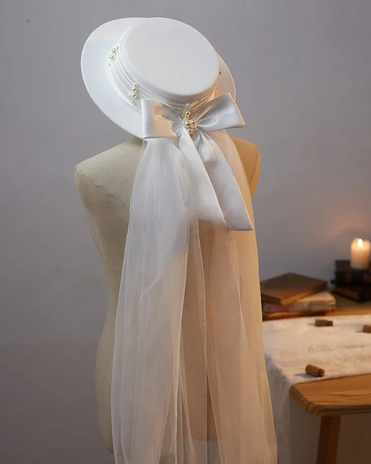 New French Top Hat Veil Vintage Wool Tweed Elegant White Bow Hat Hair ...