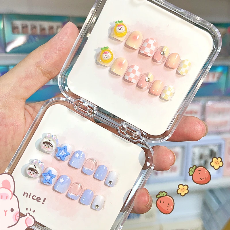 12pcs Mini Cute Pink 3D Charms Nails Kids Design Full Cover Nail Tips ...