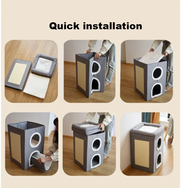 GeerDuo Pet 2-Storey Indoor Foldable Cat Hideaway Condo Cube Cave Bed House with Scratch Pad ...