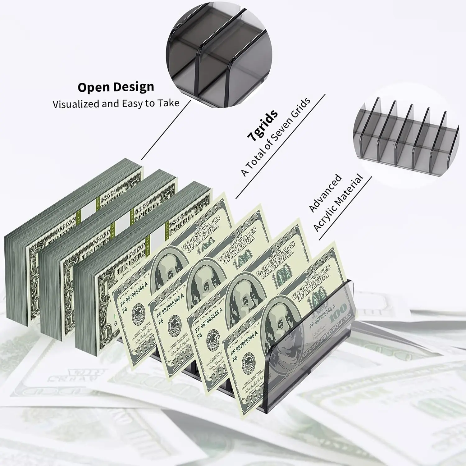 Custom Clear Acrylic 7 Section Divider Cash Trays